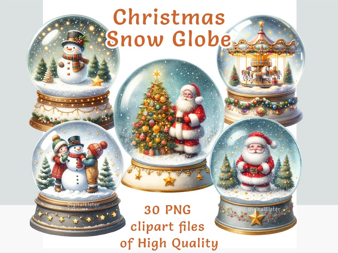 Christmas Snowglobe Clipart Collection, 30 PNG Watercolor Designs ...