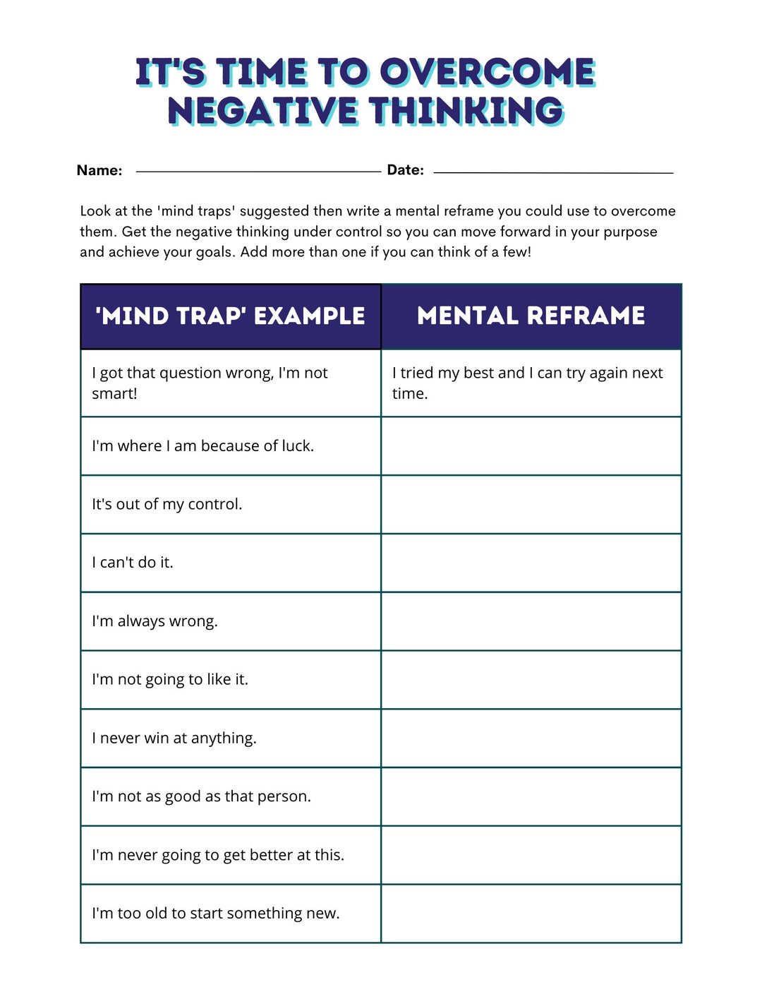 Mind Trap Worksheet Etsy