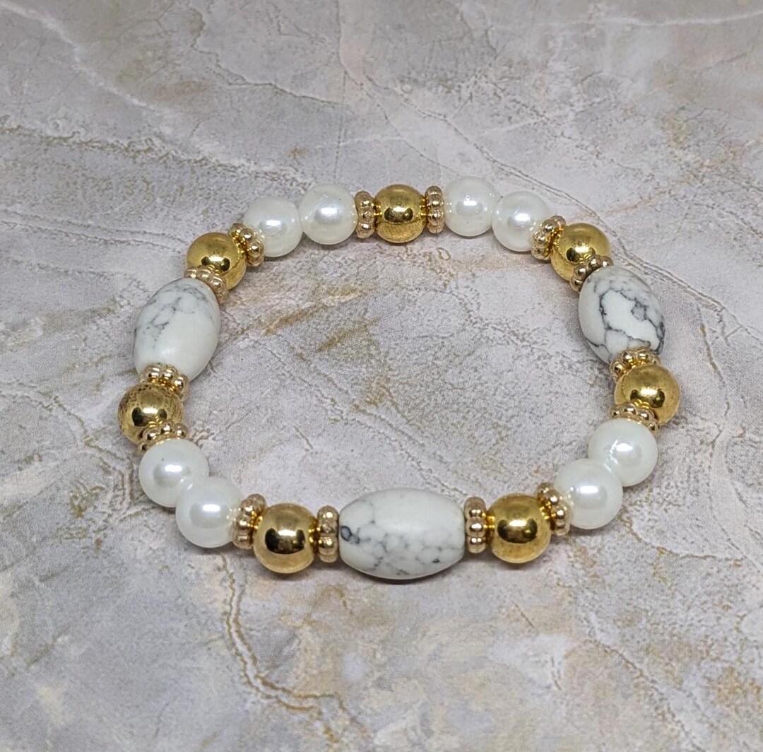 Marble Stone, Gold Spacer, and Faux Pearl Bead Bracelet - Etsy