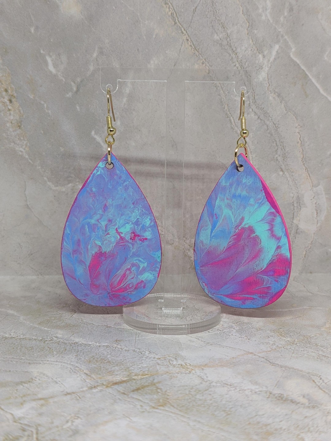 Hot Pink, Periwinkle and Mint Marble Painted Earrings - Etsy