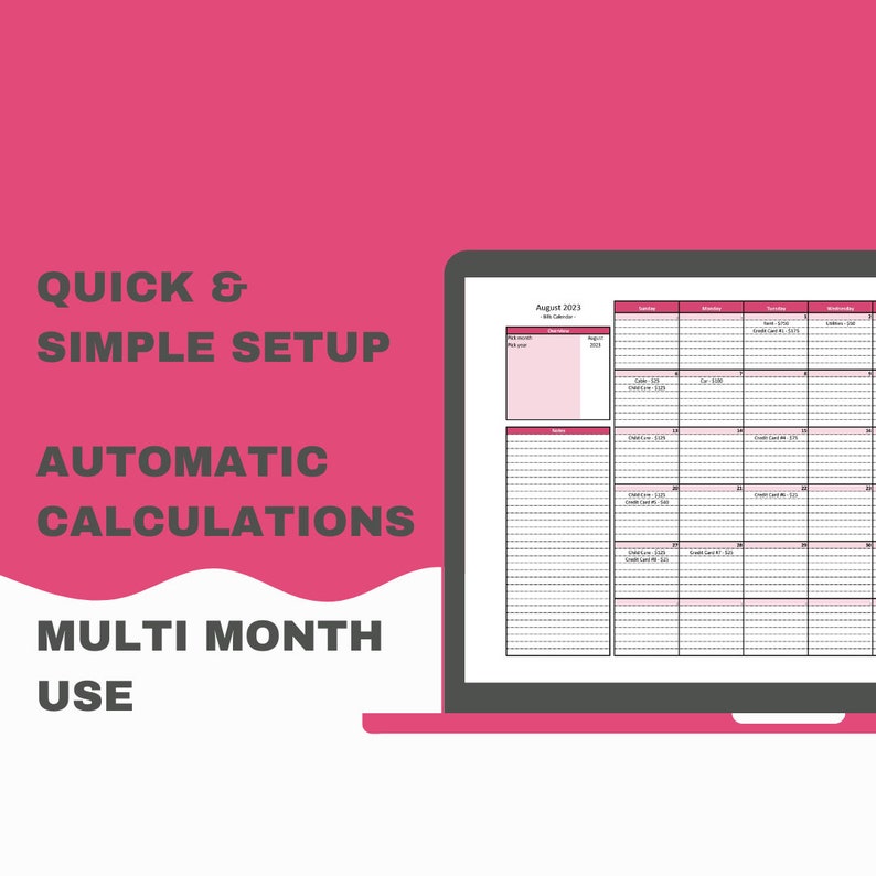 Excel Spreadsheet Bill Calendar, Bill Tracker Spreadsheet, Monthly Bill ...