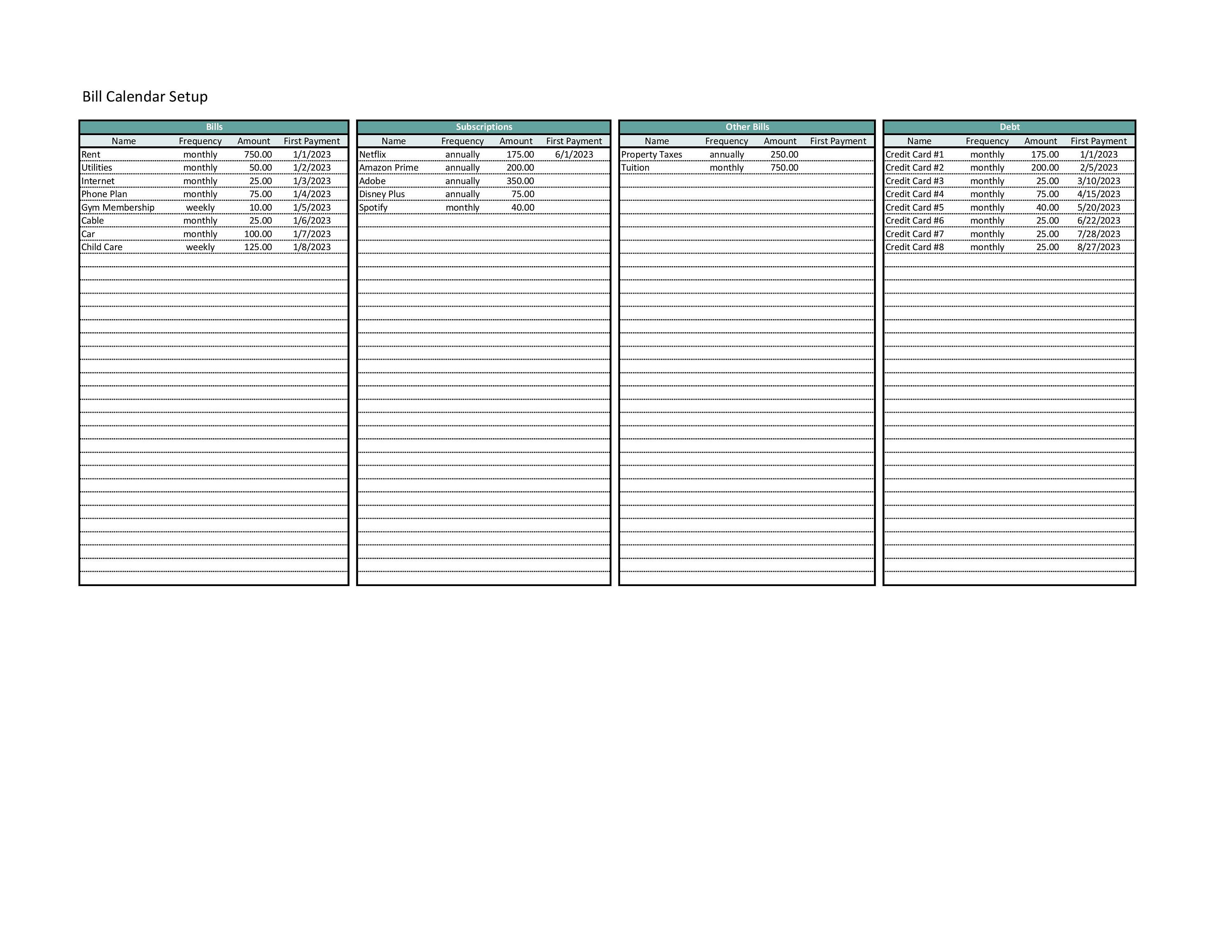 Bill Planner Excel Calendar, Bill Tracker Spreadsheet, Excel ...