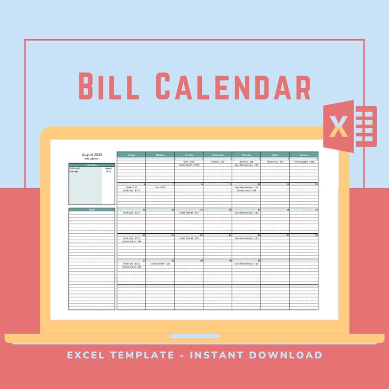 Bill Planner Excel Calendar, Bill Tracker Spreadsheet, Excel ...