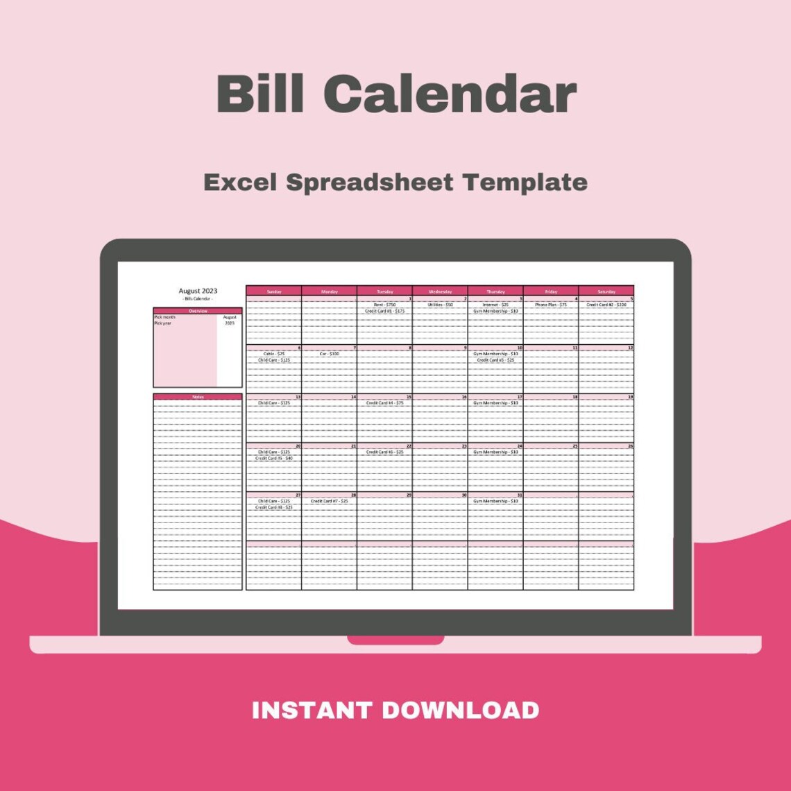 Excel Spreadsheet Bill Calendar, Bill Tracker Spreadsheet, Monthly Bill ...