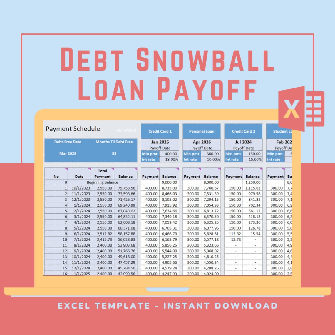Debt Payoff Excel Spreadsheet Snowball Calculator Budget Tracker Debt ...