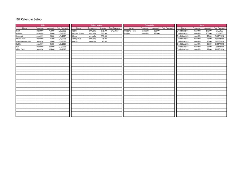 Excel Spreadsheet Bill Calendar, Bill Tracker Spreadsheet, Monthly Bill ...