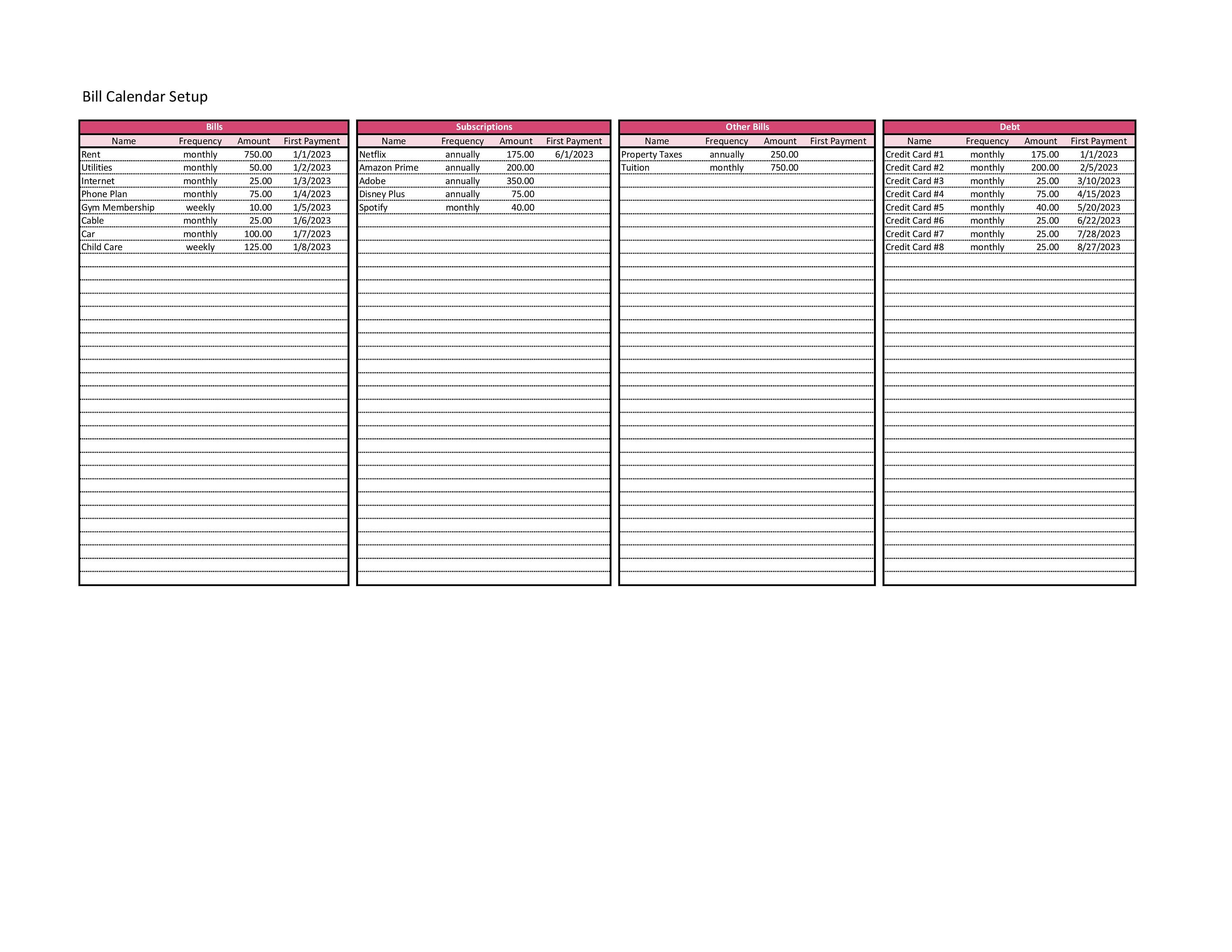 Excel Spreadsheet Bill Calendar, Bill Tracker Spreadsheet, Monthly Bill ...