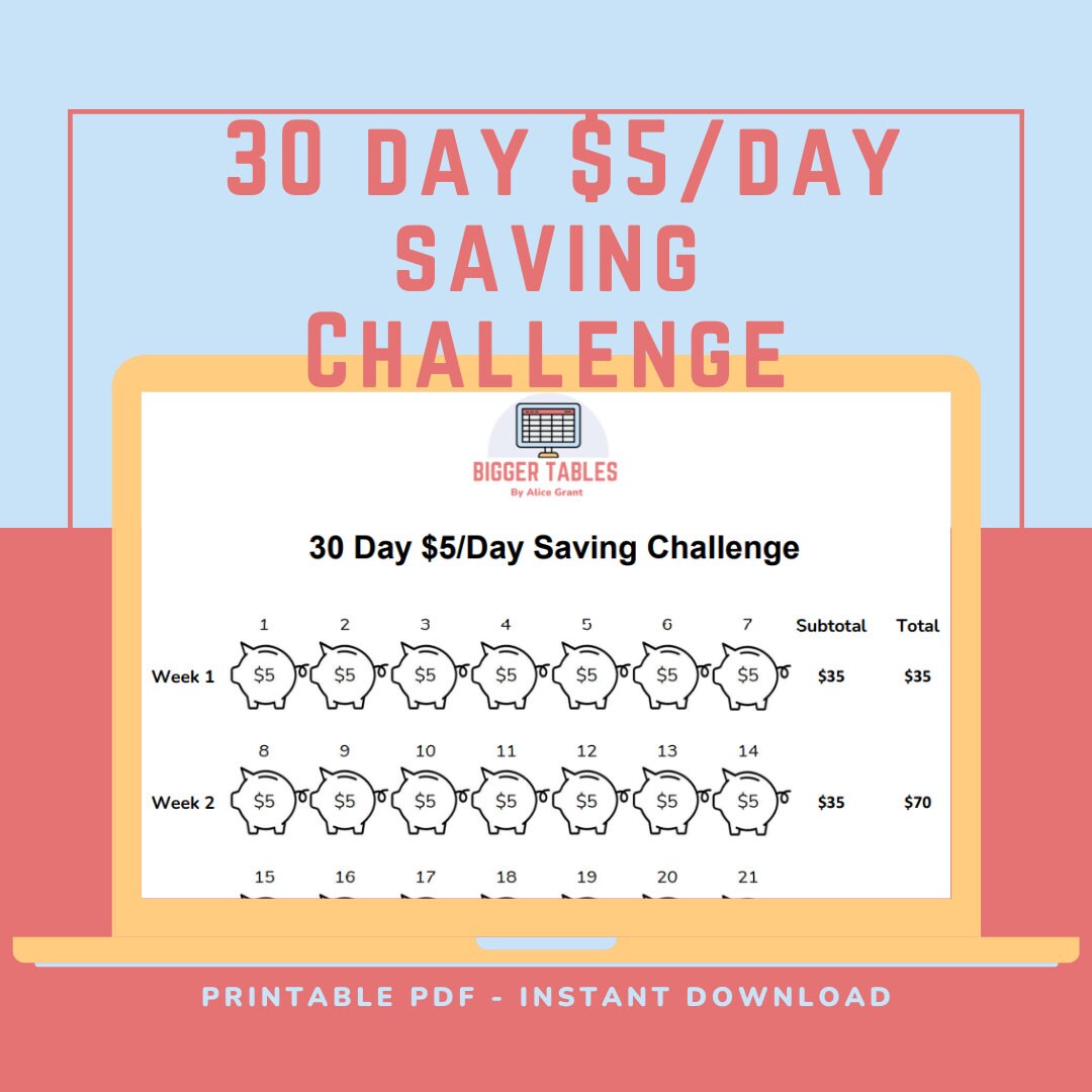 30 Day Printable Saving Challenge 5/day Printable Saving Challenge ...