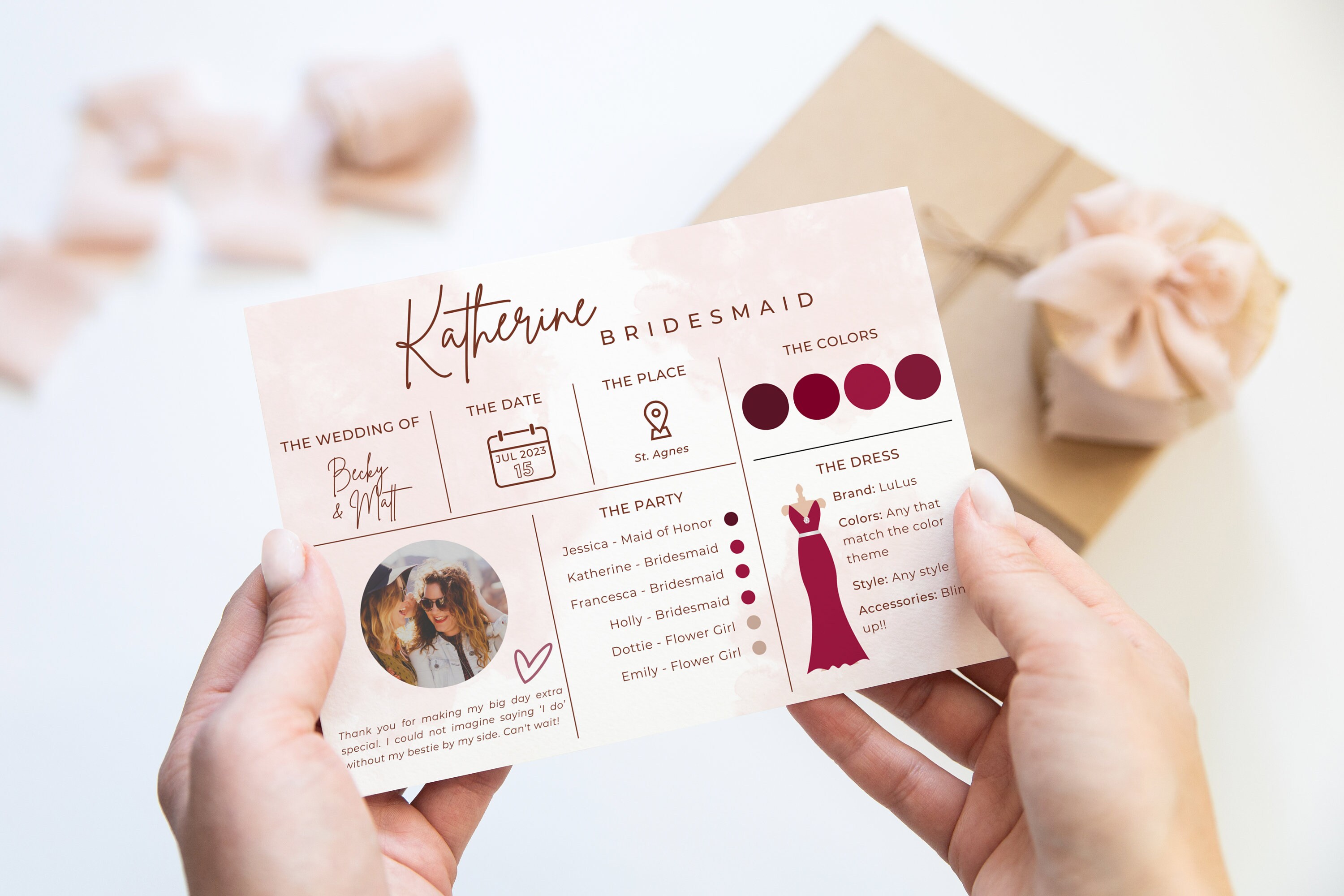 Bridesmaid Info Card Template in Pale Rose Pink - Modern Customizable ...