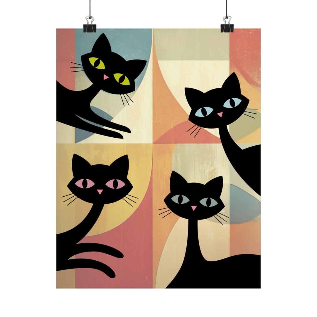 Retro Atomic Black Cats Poster Matte Vertical Poster | Mid Century Cat ...