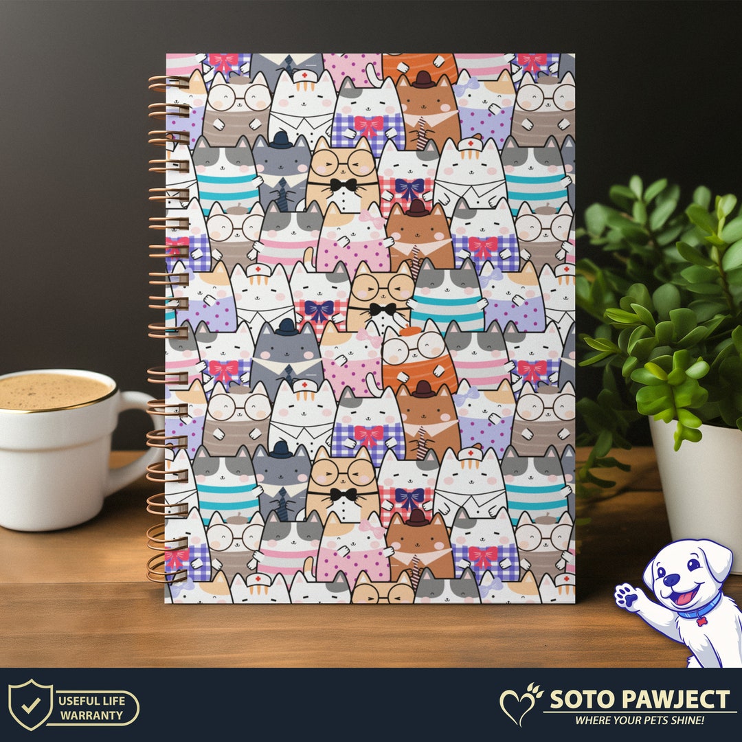 Kawaii Cute Cats Pattern Spiral Notebook Ruled Line, Personalized Back ...