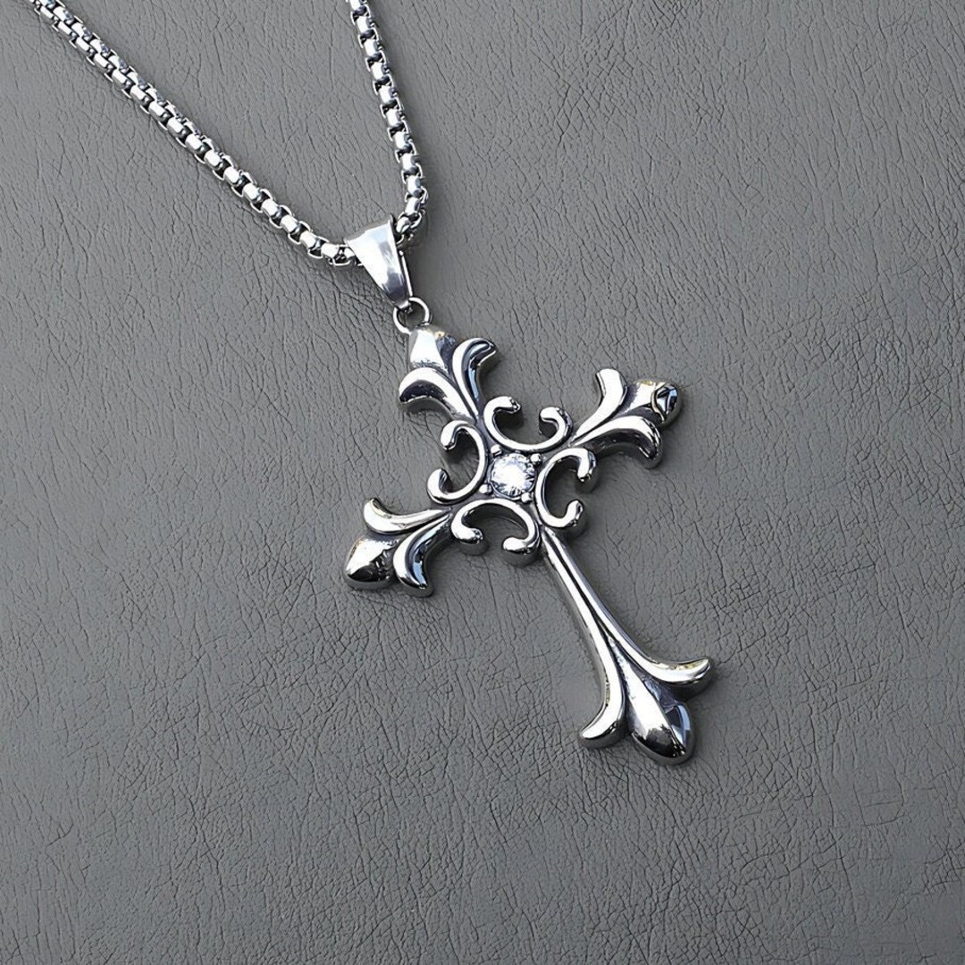 Chrome Hearts Style Necklace, Silver Gothic Chain, Y2K Cross Pendant ...