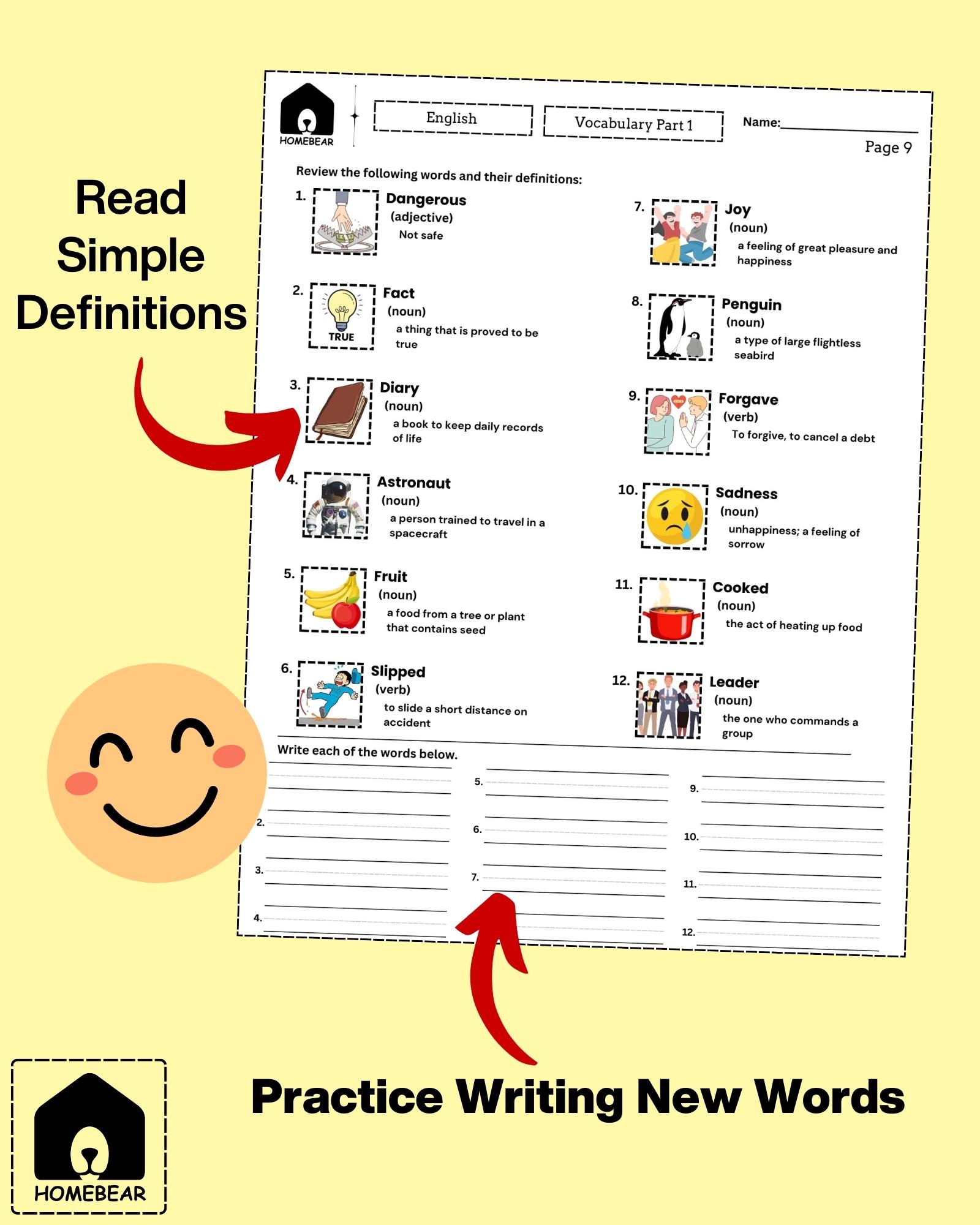 1st Grade Vocabulary Worksheet, Match Pictures With Words, Expand Your ...