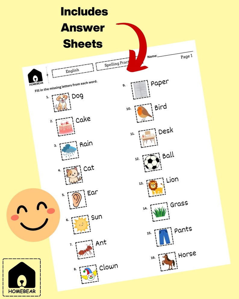 1st Grade Spelling Practice Worksheet, Complete the Words, Fill in the ...