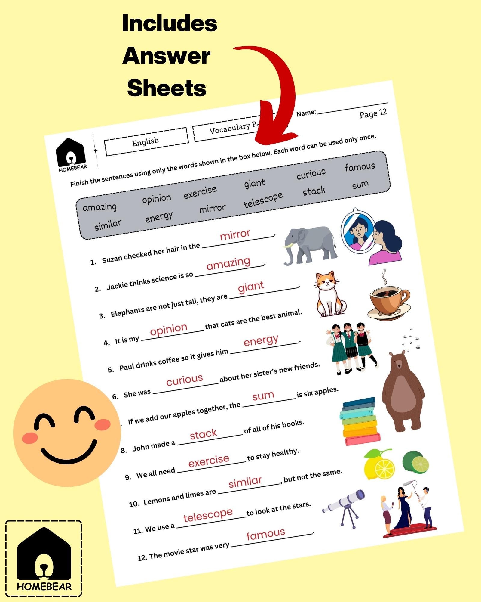 1st Grade Vocabulary Worksheet, Match Pictures With Words, Expand Your ...