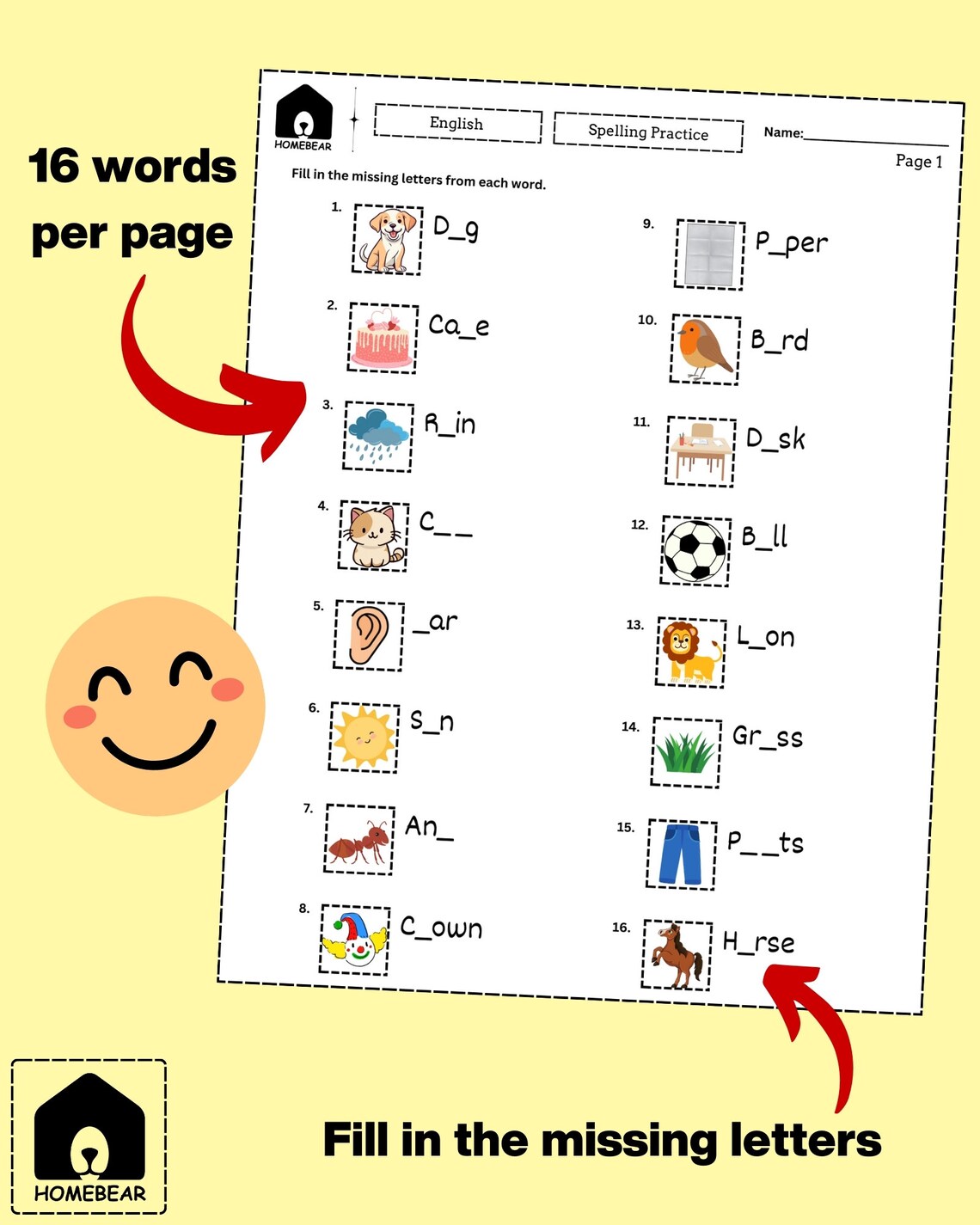 1st Grade Spelling Worksheet, Fill in the Blank (PDF & JPG) - Etsy