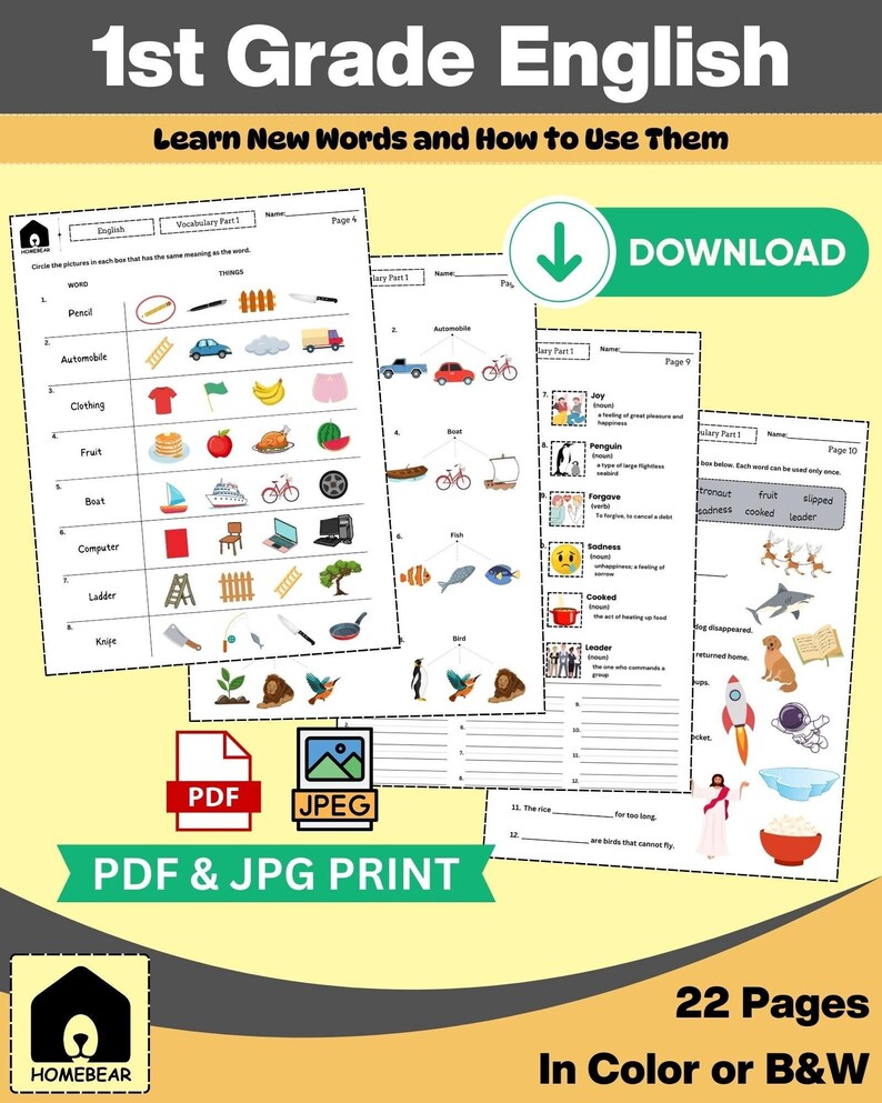 1st Grade Vocabulary Worksheet, Match Pictures With Words, Expand Your ...