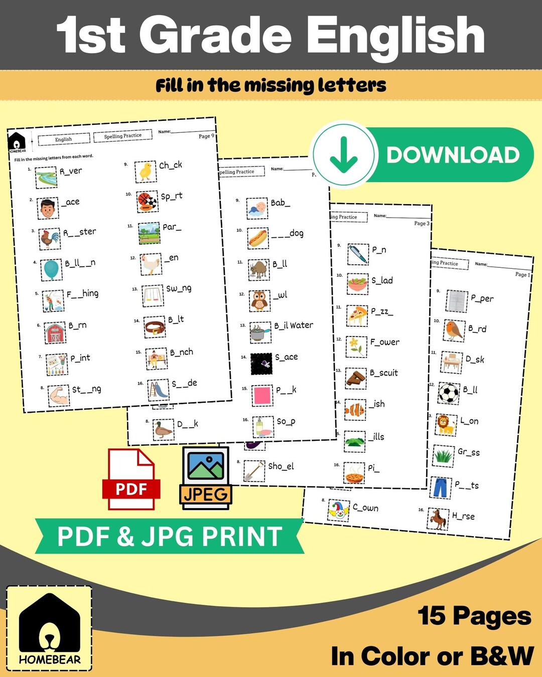 1st Grade Spelling Practice Worksheet, Complete the Words, Fill in the ...