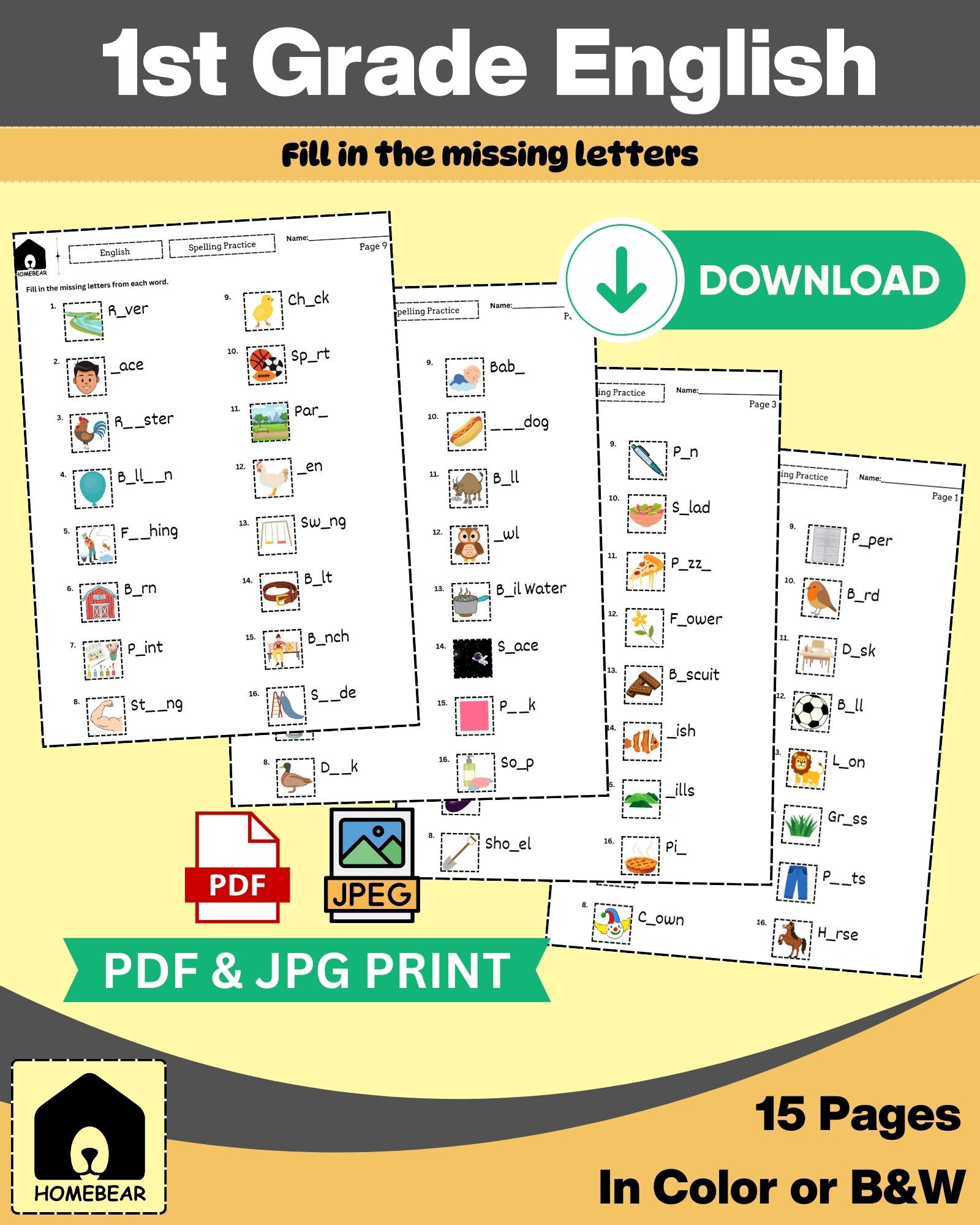 1st Grade Spelling Practice Worksheet, Complete the Words, Fill in the ...