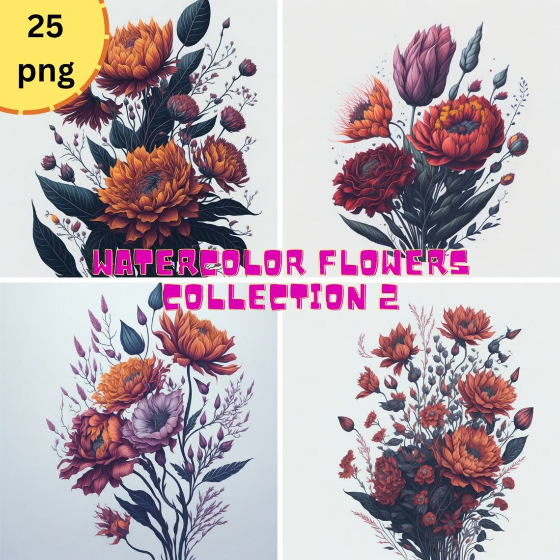25 Watercolor Flowers Clipart, Commercial Use, Png, Floral Clipart ...