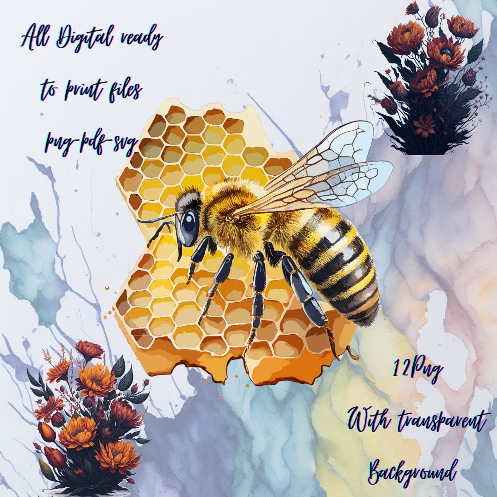 12 Honey Bee Flowers Clipart, SVG ,PDF, Transparent Png, Commercial Use ...