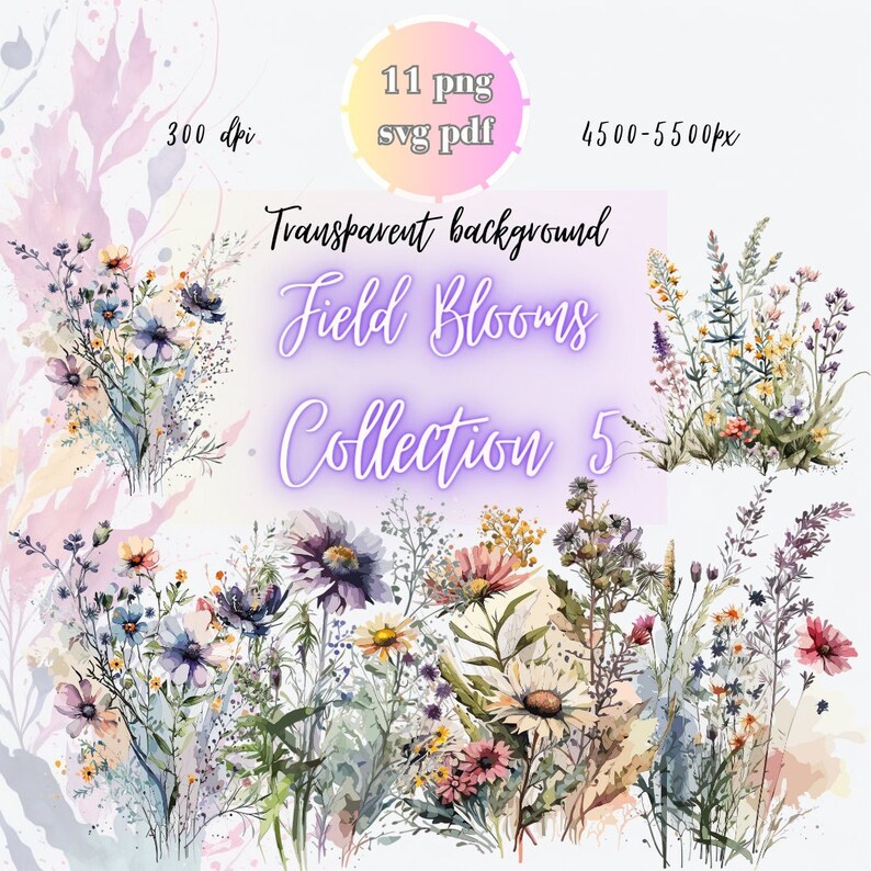 11 Watercolor Field Blooms Clipart, Commercial Use, Transparent Png,svg ...