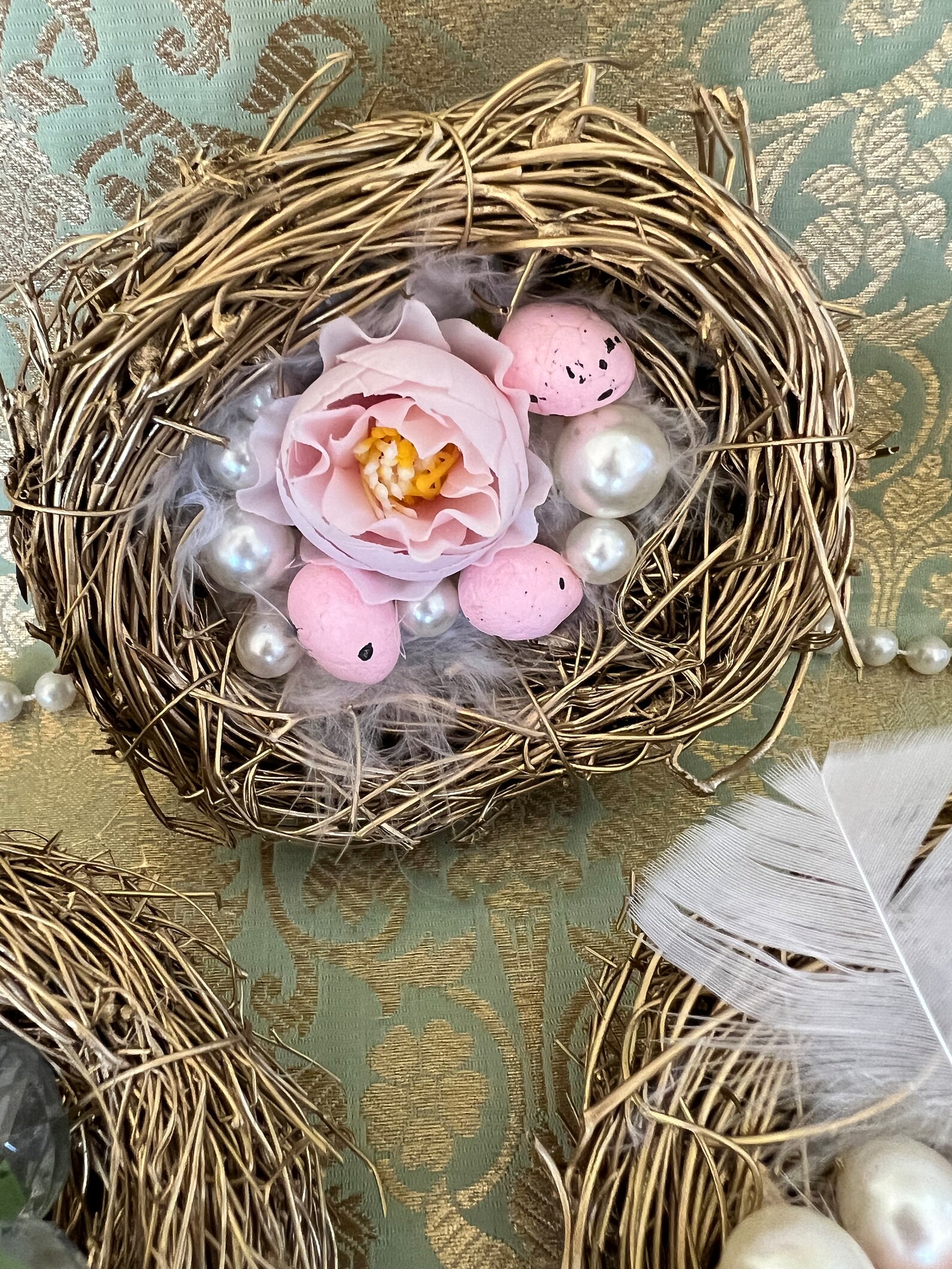 Handmade Gold Wicker Nest Set: Shabby Chic Eggs, Pearls & Feathers - Etsy