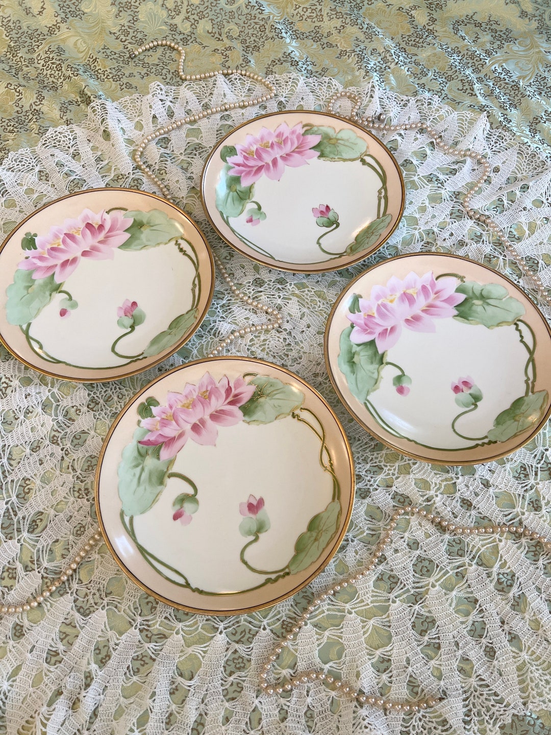 Four Antique French Hand-painted Limoges Water Lily Plates, Pure Art ...