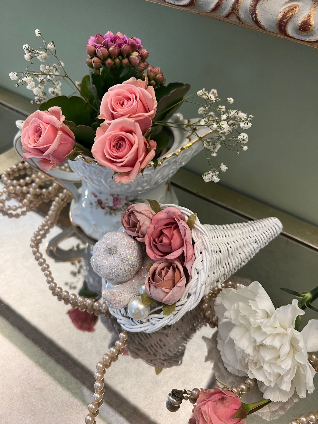 Shabby Chic Small Cornucopia With Faux Glitter Pumpkins, Roses and ...