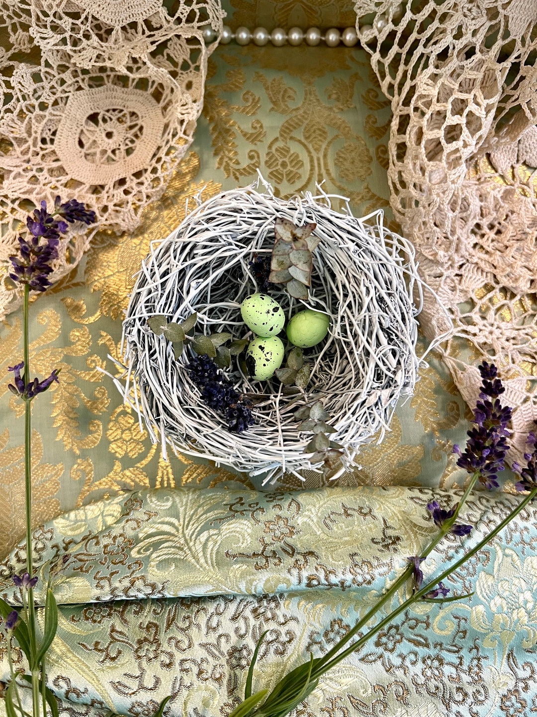 White Wicker Bird Nest With Dried Levander and Eucalyptus, Three Green ...