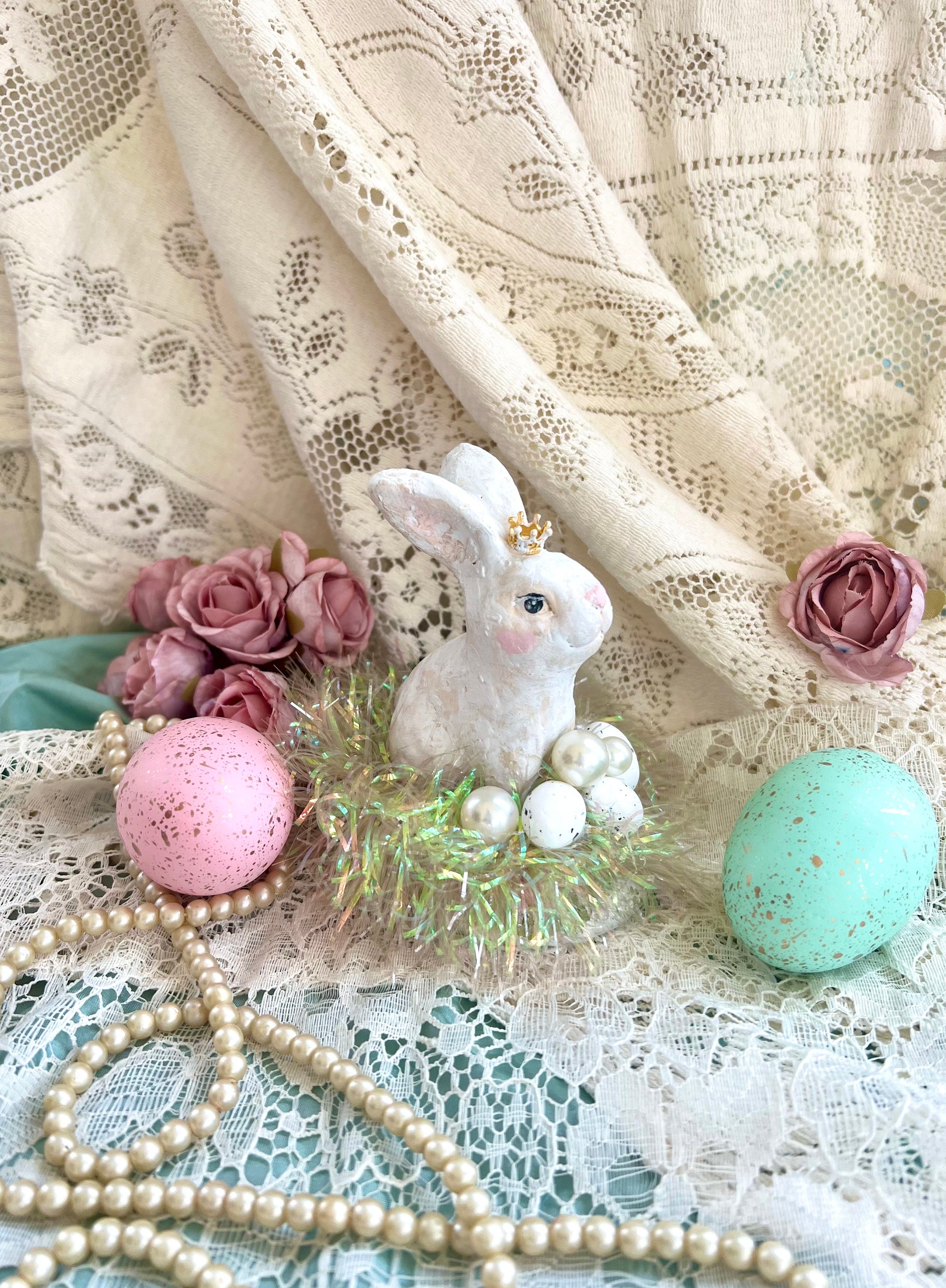 Shabby Chic Easter Bunny Cute Decor Figurine With Eggs and Pearls ...