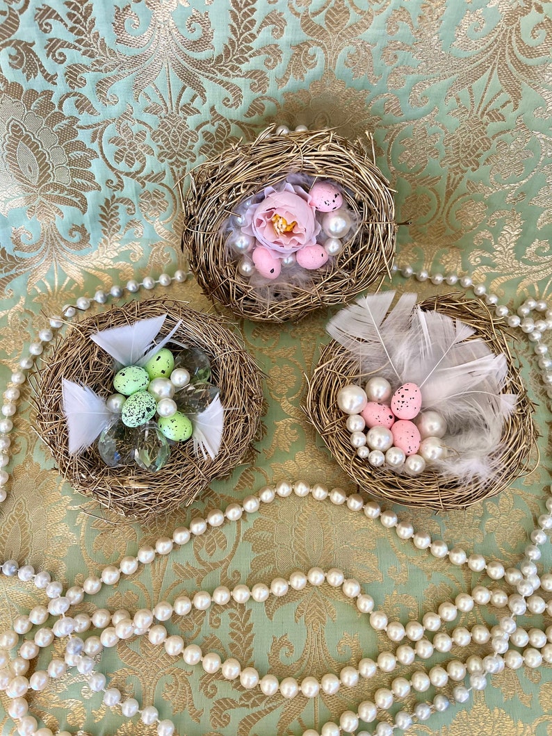 Handmade Gold Wicker Nest Set: Shabby Chic Eggs, Pearls & Feathers - Etsy