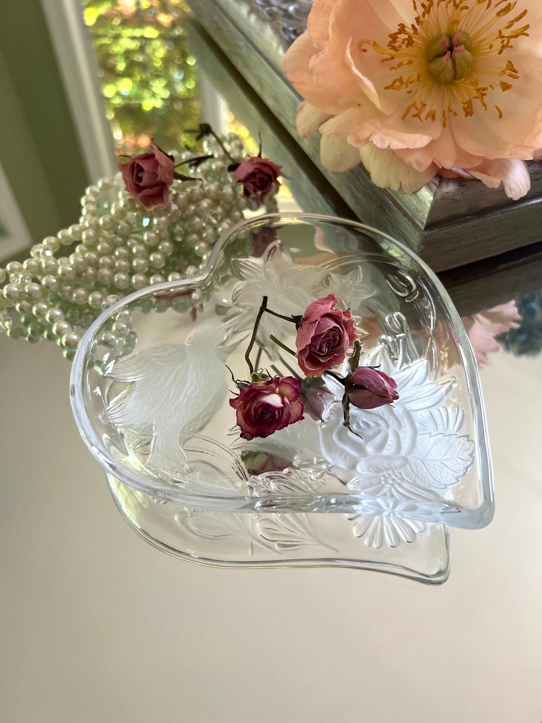 Shabby Chic Heart Shaped Glass Plate/bowl With Hummingbird and Flowers ...