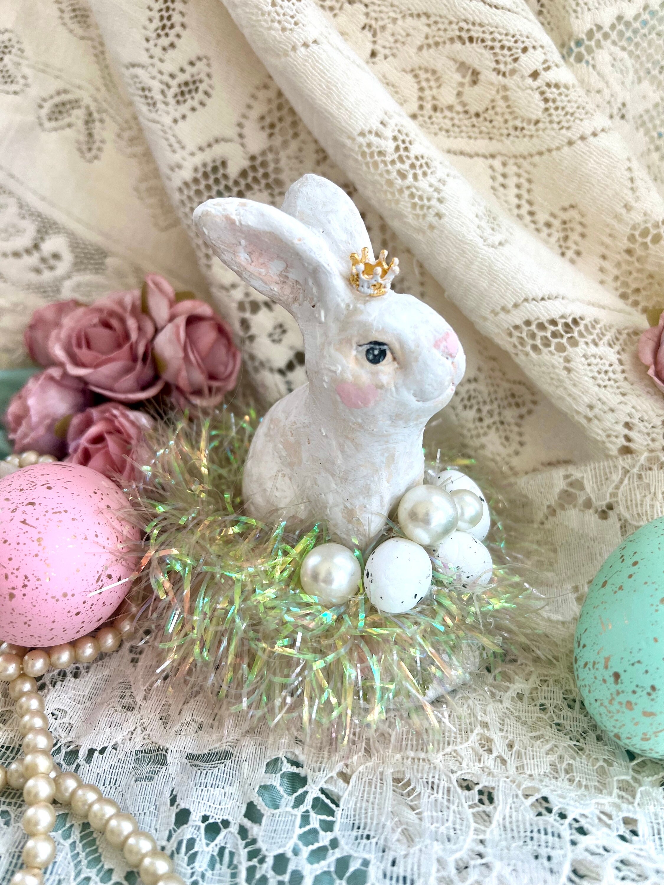 Shabby Chic Easter Bunny Cute Decor Figurine With Eggs and Pearls ...