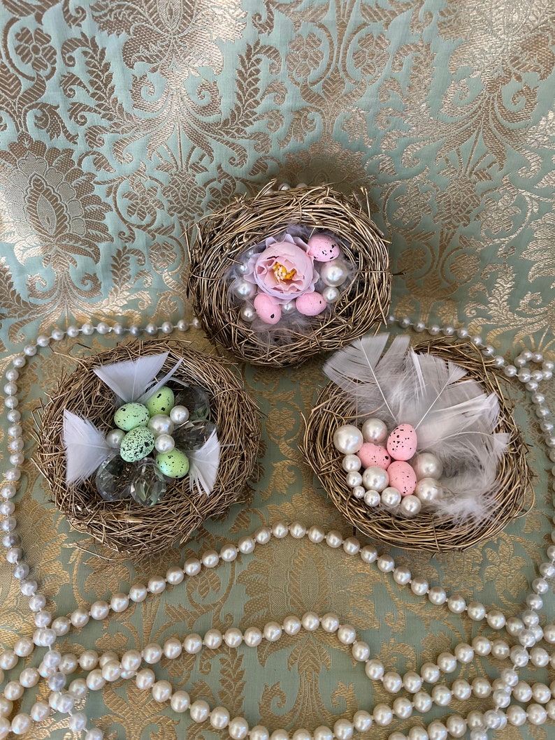 Handmade Gold Wicker Nest Set: Shabby Chic Eggs, Pearls & Feathers - Etsy