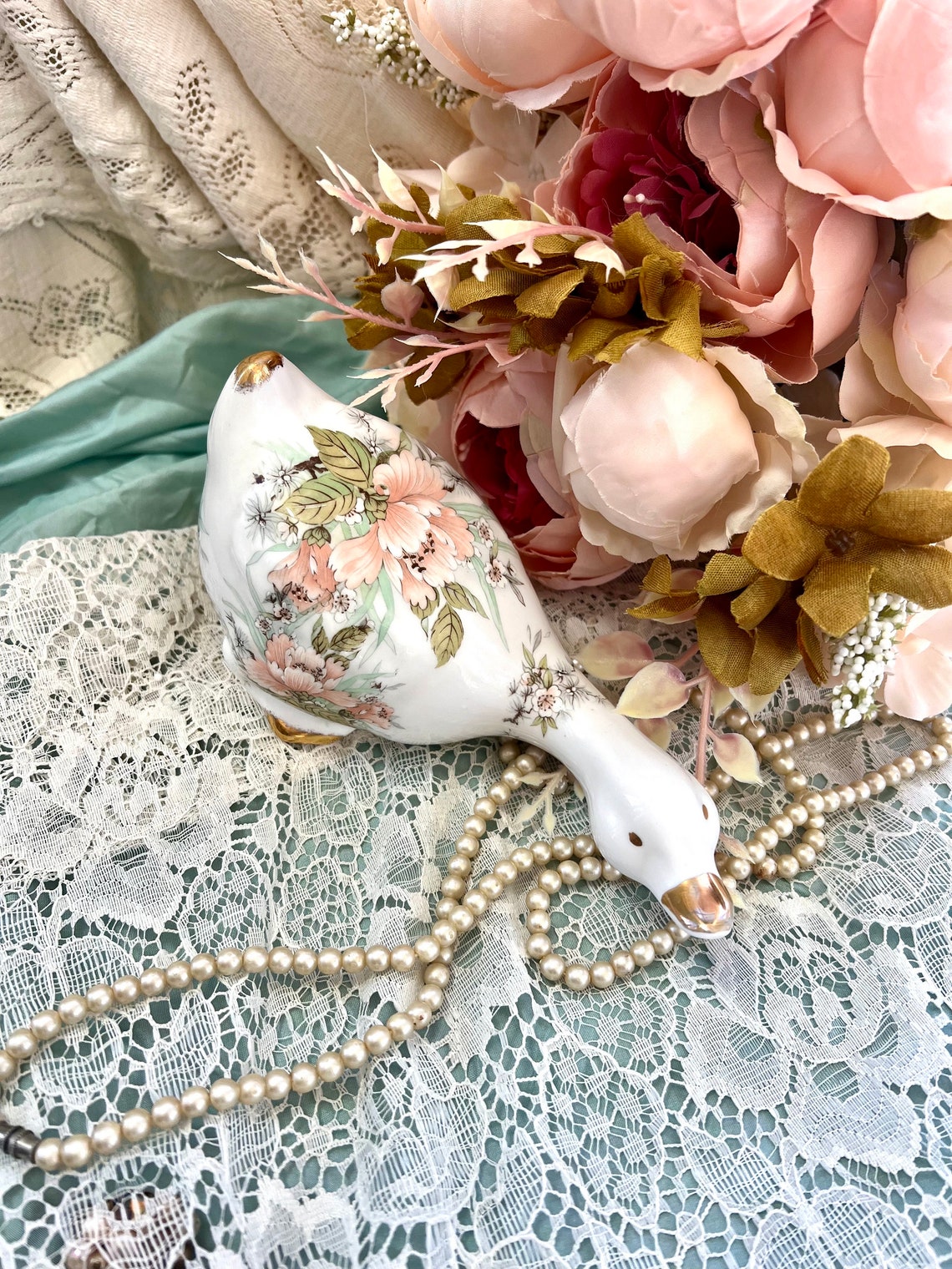 Lovely Vintage Crown Goose/duck With Flowers Bone China Made in England ...