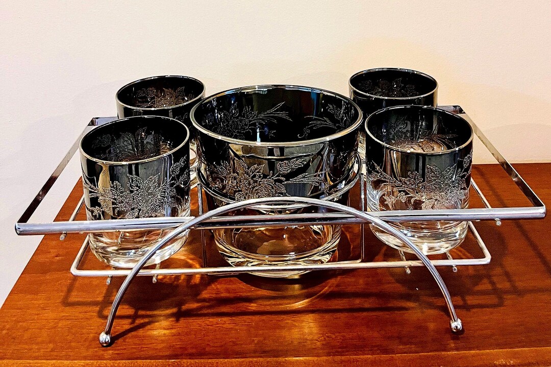 Vintage Rose Lusterware Lowball Glasses With Ice Bucket and Silver ...