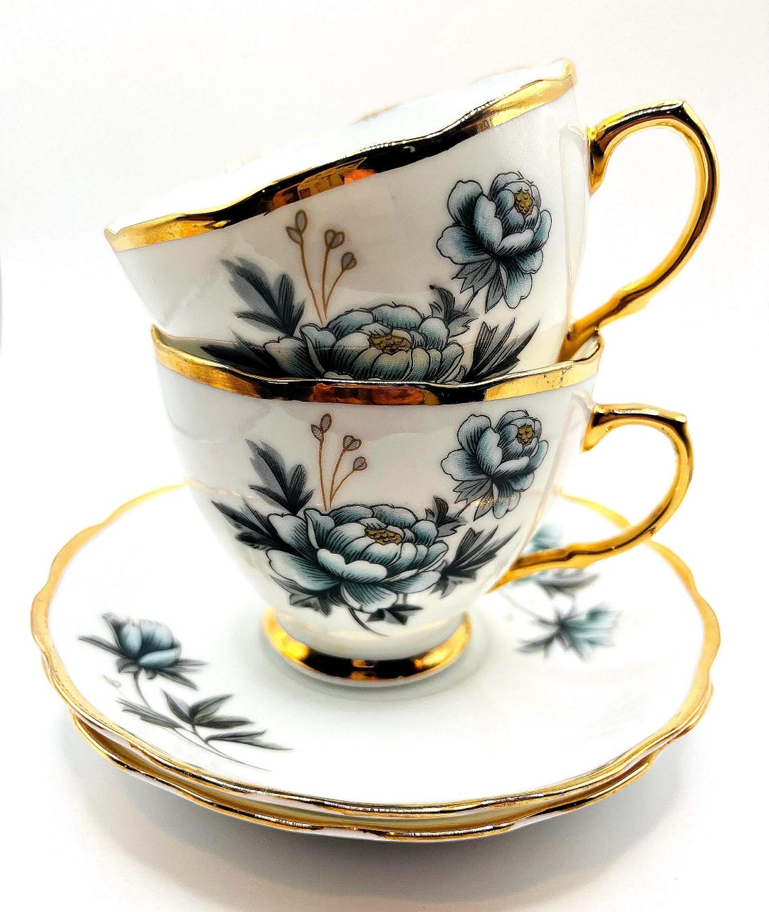 Vintage Bone China Cup and Saucer Set, Blue Roses, Gold Trim - Etsy