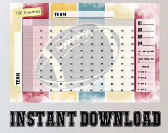 Printable Super Bowl Squares Halftime 100 Squares Game Instant Download ...