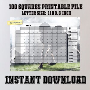 Printable 100 Squares Football Grid With Numbers Instant Download 11x8 ...