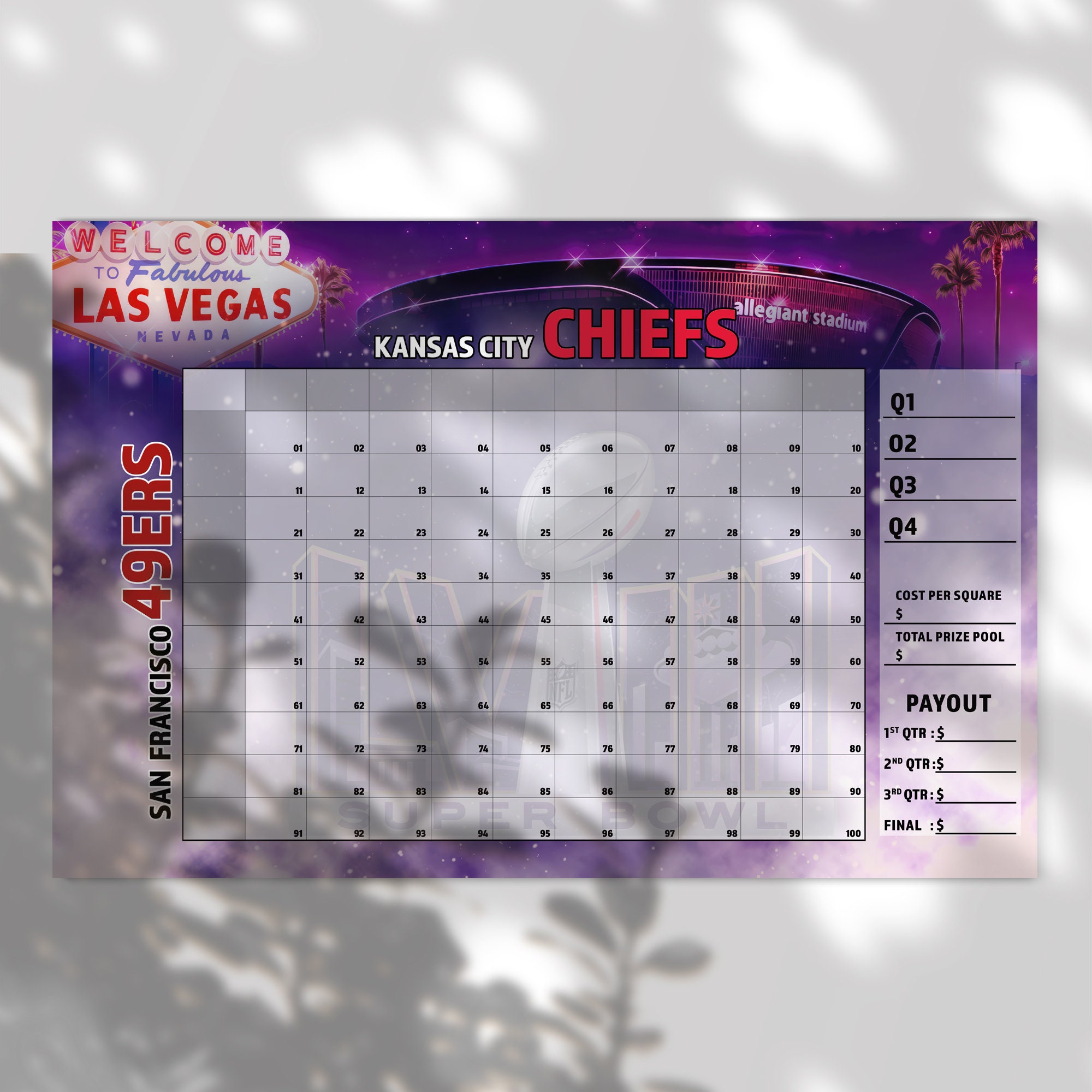 2024 Super Bowl Squares Game Poster, 100numbered Grid Instant Download ...