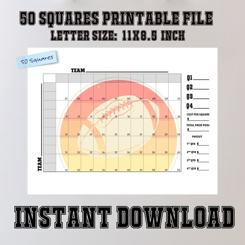 50 Squares With Numbers Printable Football Squares Game Instant ...