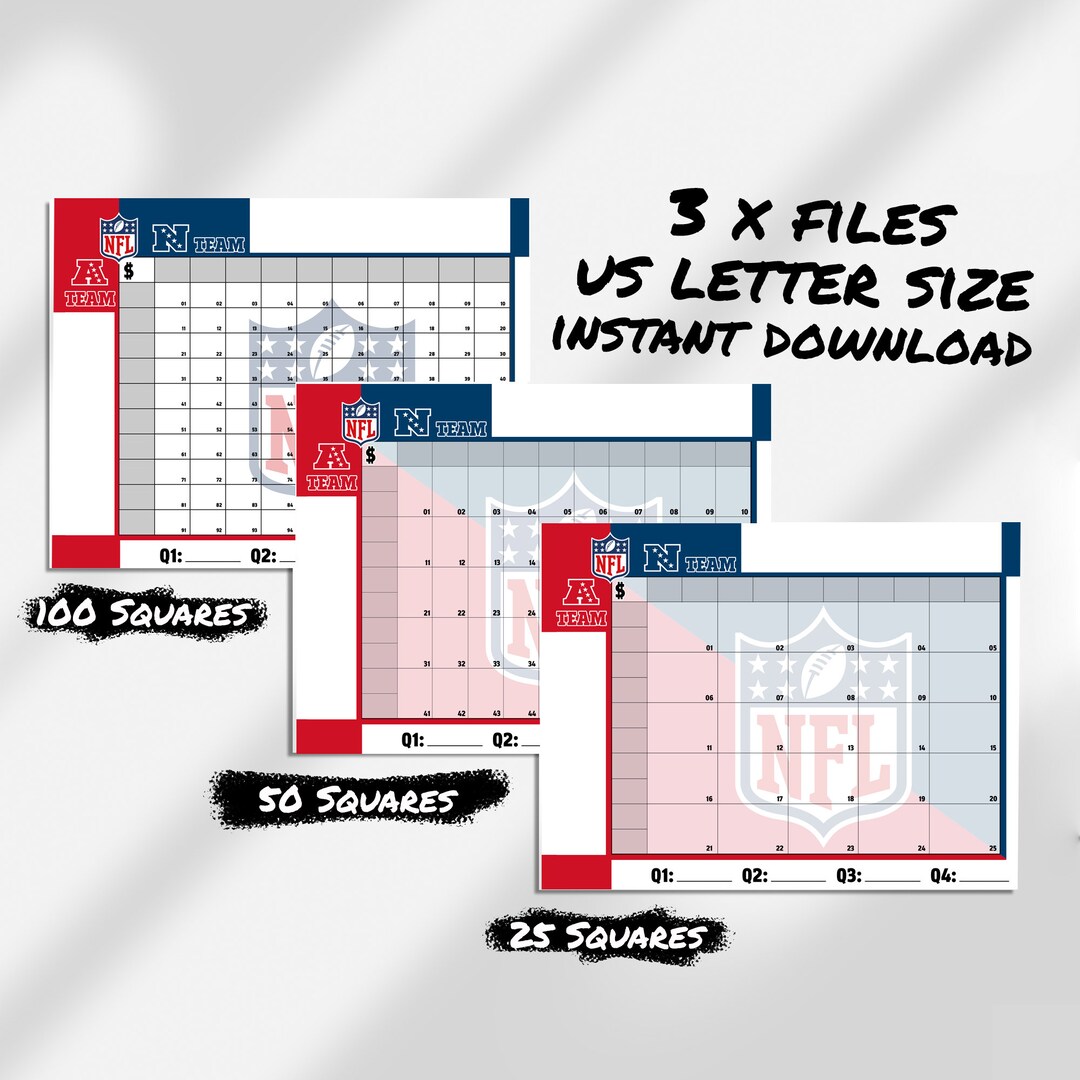 Printable Football Classic 100 ,50 ,25 Squares With Numbers Instant ...