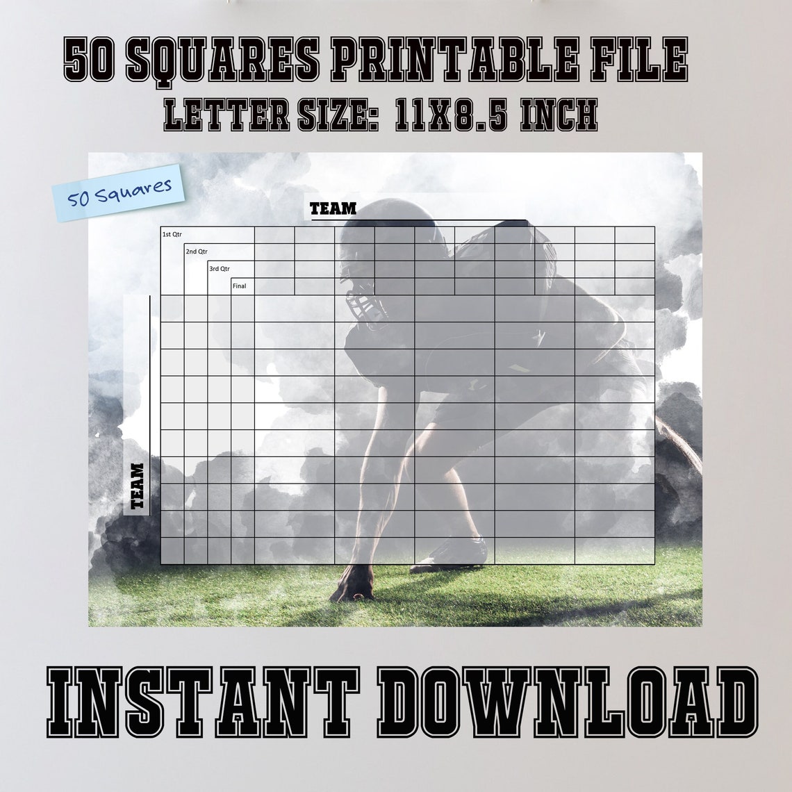 50 Square Football Grid With Quarter Lines Letter Page Size 11X8.5 ...