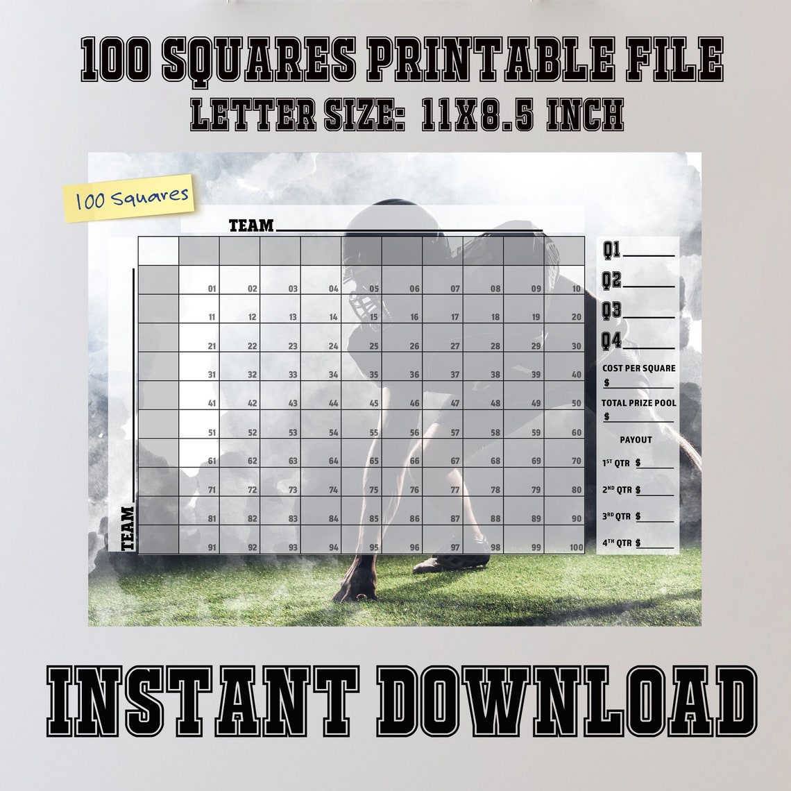 Printable 100 Squares Football Grid With Numbers Instant Download 11x8 ...