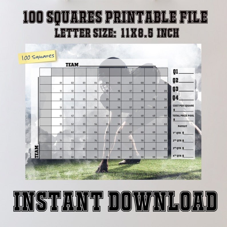 Printable 100 Squares Football Grid With Numbers Instant Download 11x8 ...