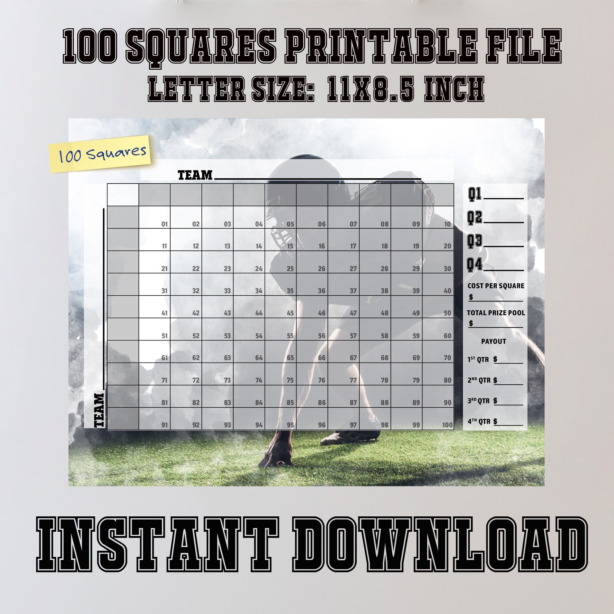 Printable 100 Squares Football Grid With Numbers Instant Download 11x8 ...