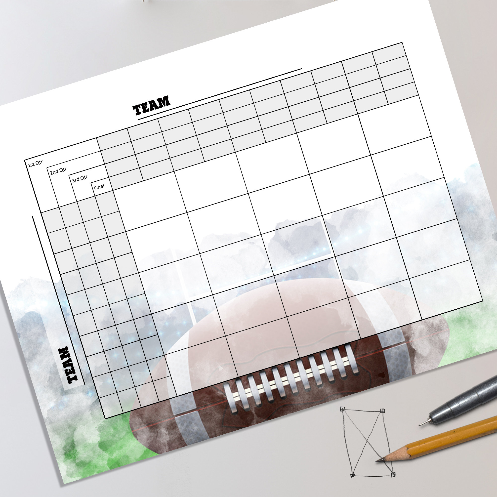 25 Square Football Grid With Quarter Lines Letter Page Size 11X8.5 ...