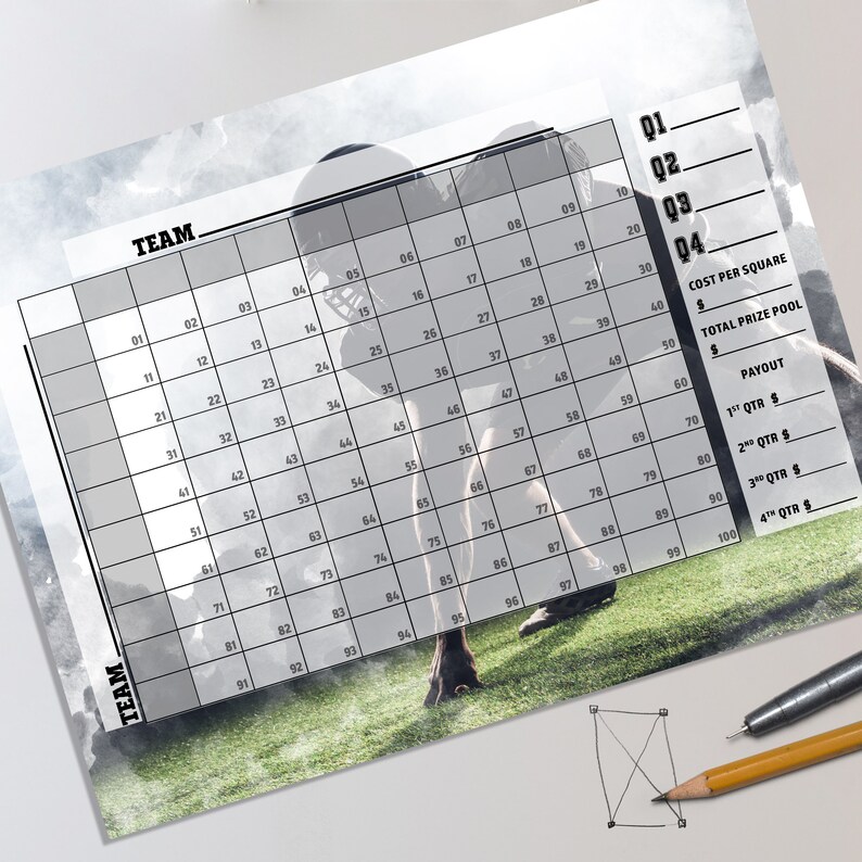 Printable 100 Squares Football Grid With Numbers Instant Download 11x8 ...