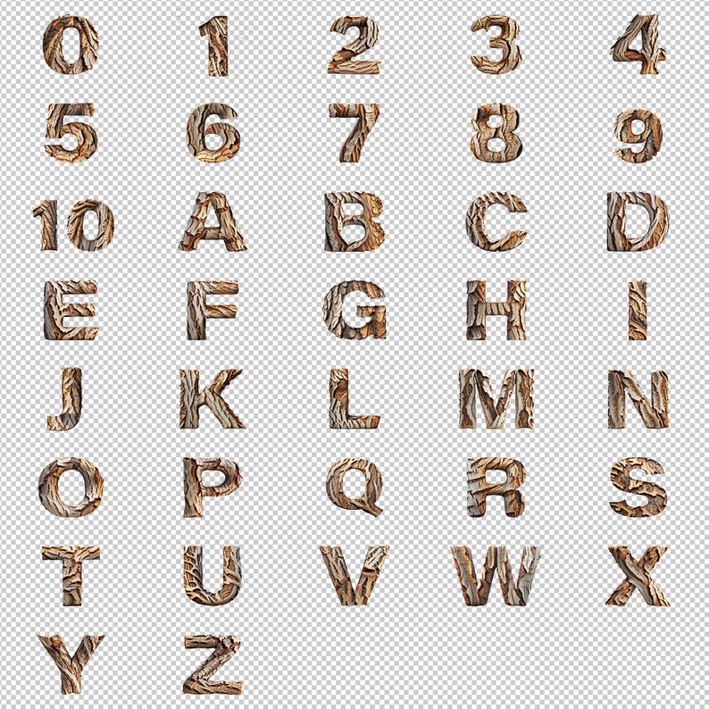 Tree Bark Letters PNG Numbers Set Tree Bark Bundle A-Z Alphabet Ai ...